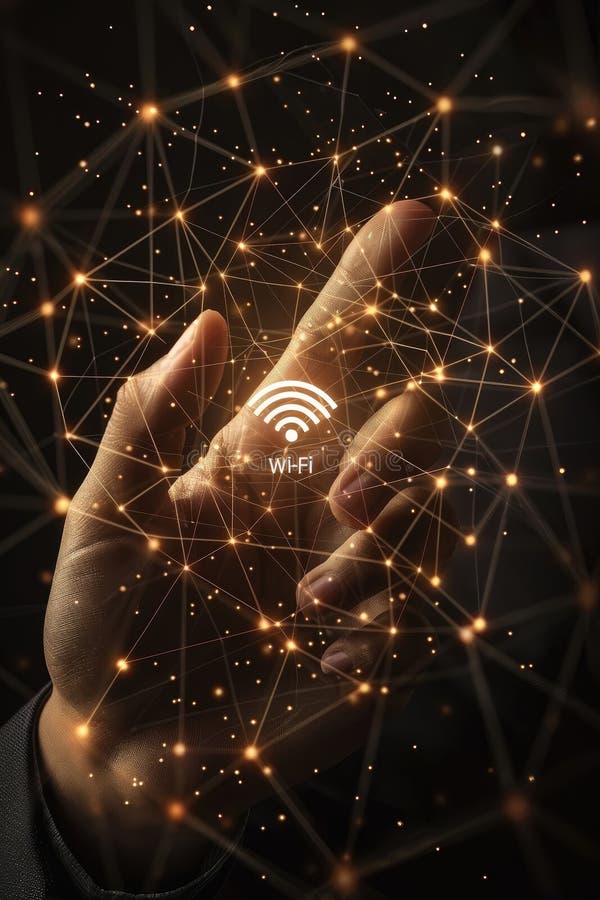 Finger Touching Glowing Wi-Fi Icon among Network Lines. Stock ...