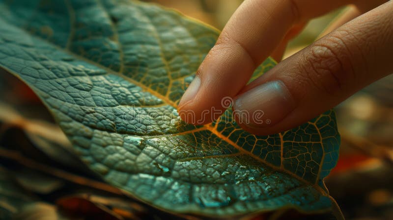 A Finger Touching a Green Leaf with Visible Texture. Stock Image ...