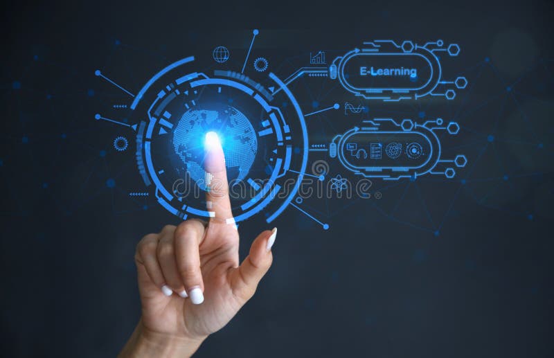 Finger Touching Icon on Virtual Interface. E-learning Webinar Online ...