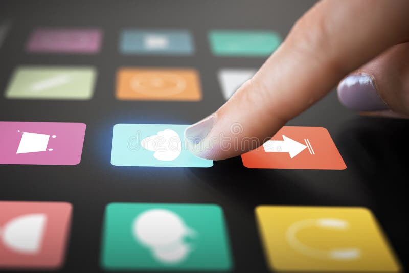 Finger Touching Interactive Panel with App Icons Stock Photo - Image of ...