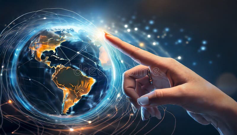 Finger Touching Planet Earth with Light Effects Stock Illustration ...