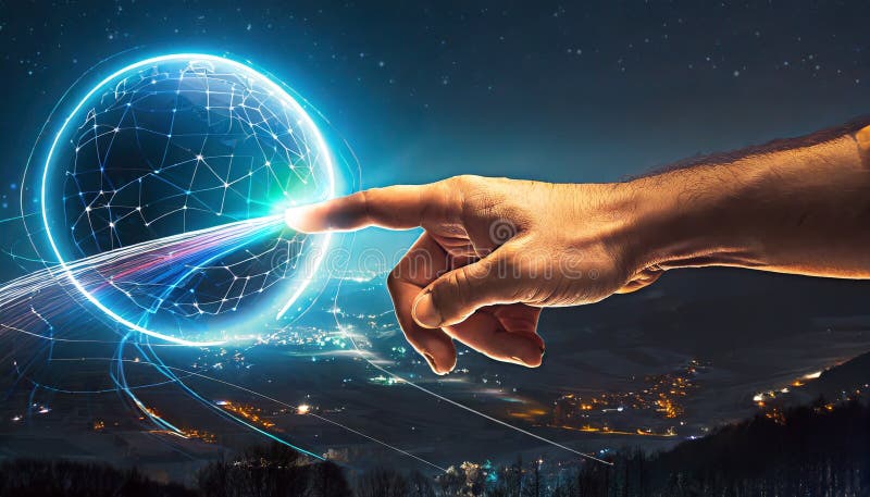 Finger Touching Planet Earth with Light Effects Stock Illustration ...
