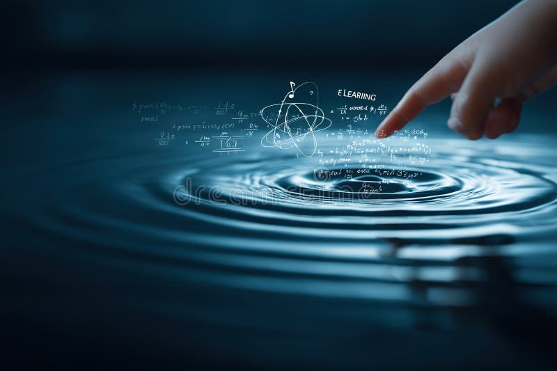 Finger Touching Ripple with Equations, ELearning Concept in Cyan Water ...