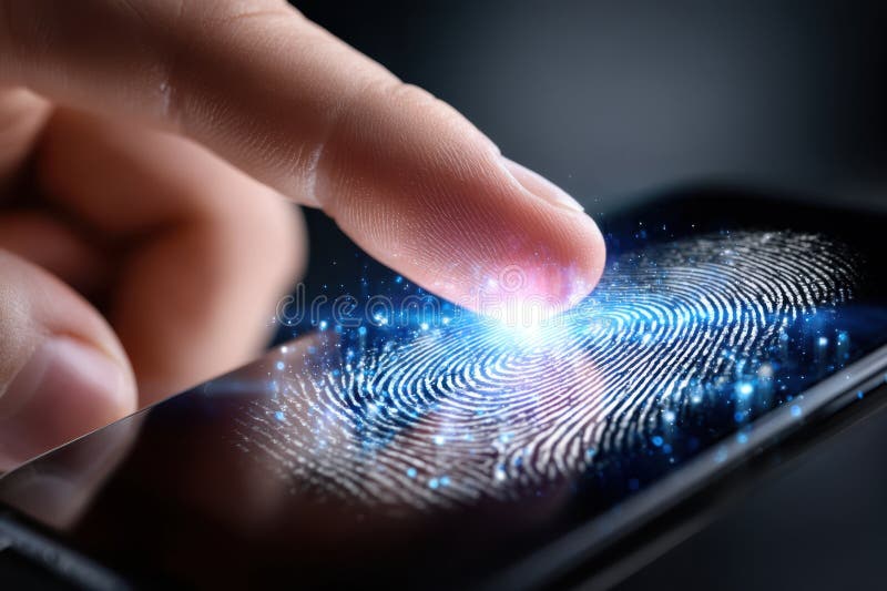 Finger Touching Smartphone Screen with Glowing Fingerprint Recognition Technology in Action ...