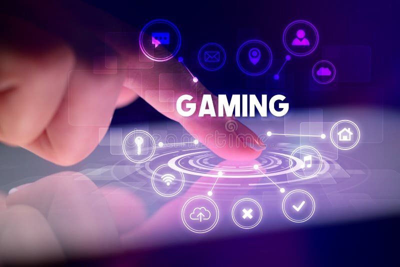 Finger Touching Tablet with Web Technology Icons Concept Stock Photo ...