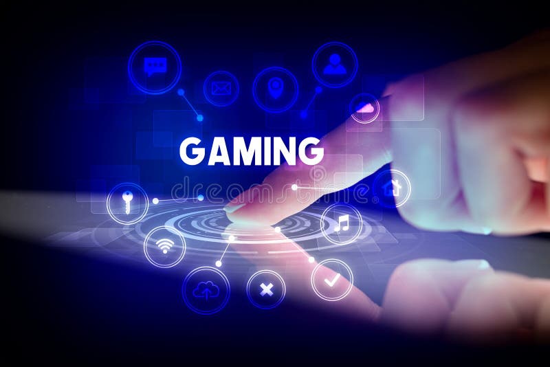 Finger Touching Tablet with Web Technology Icons Concept Stock Photo ...