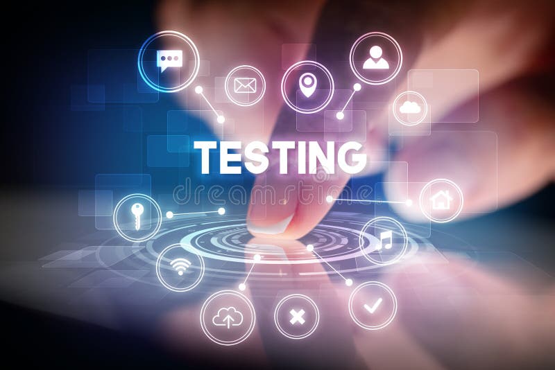 Finger Touching Tablet with Web Technology Icons Concept Stock Photo ...