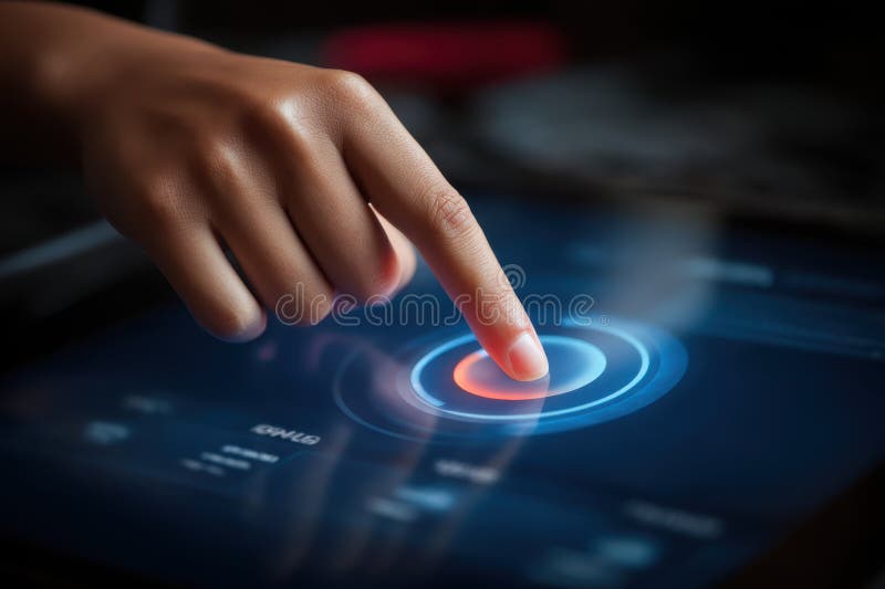 Finger Touching Touchscreen Display of Renewable Energy Usage with ...