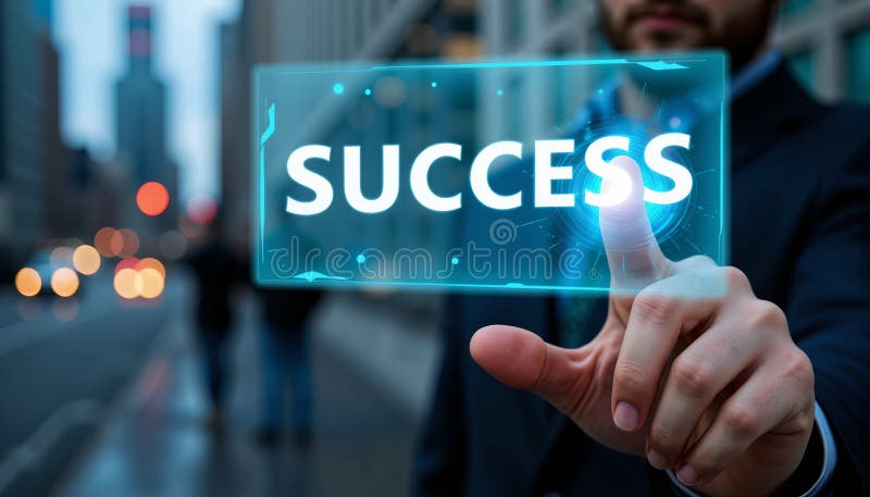 Finger Touching Virtual Success Button on Futuristic Digital Interface ...