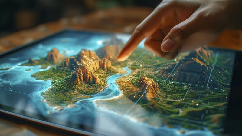 User Interacting with Vivid 3D Terrain Map on Smart Tablet - AI ...