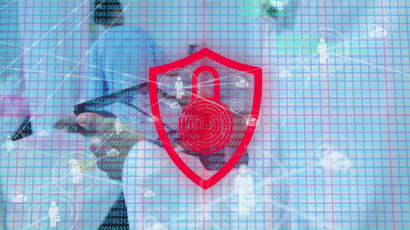 Fingerprint and Shield Icons with Cybersecurity Code Animation Over Grid Background Stock Video ...