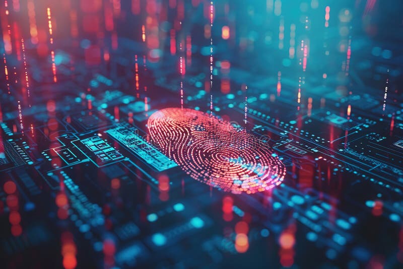 Fingerprint on a Circuit Board Background. Digital Security Concept ...