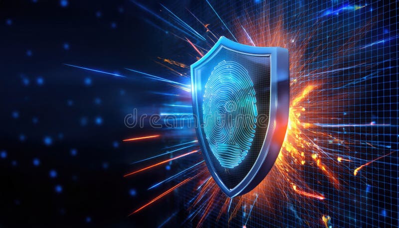 Fingerprint on High-tech Shield Under Cyber Attack with Glowing Blue ...