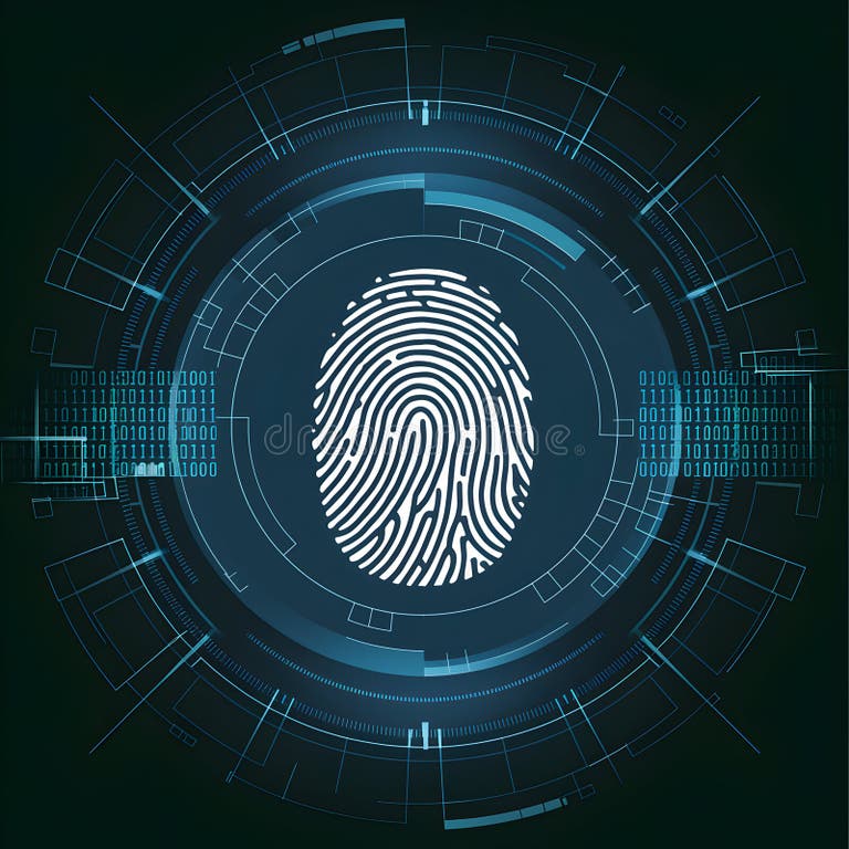 Holographic Fingerprint Surrounded by Binary Code on Dark Blue Backdrop ...