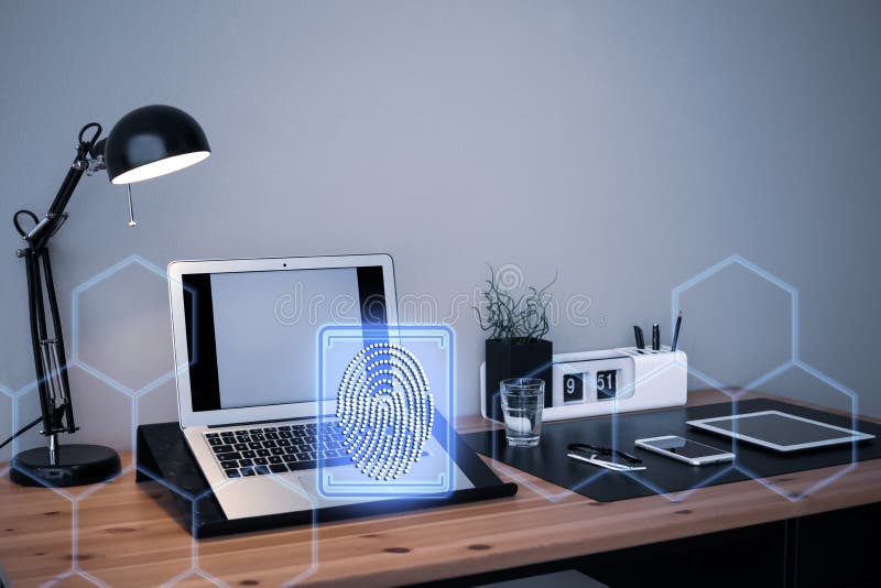 Fingerprint Identification. Laptop and Devices on Table Indoors Stock ...