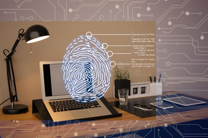 Fingerprint Identification. Laptop and Devices on Table Indoors Stock ...
