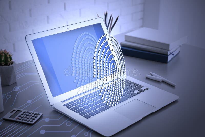 Fingerprint Identification. Laptop on Table Indoors Stock Image - Image ...