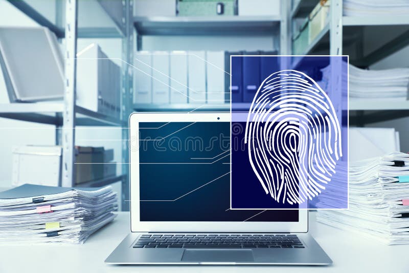 Fingerprint Identification. Modern Laptop on Table Stock Photo - Image ...