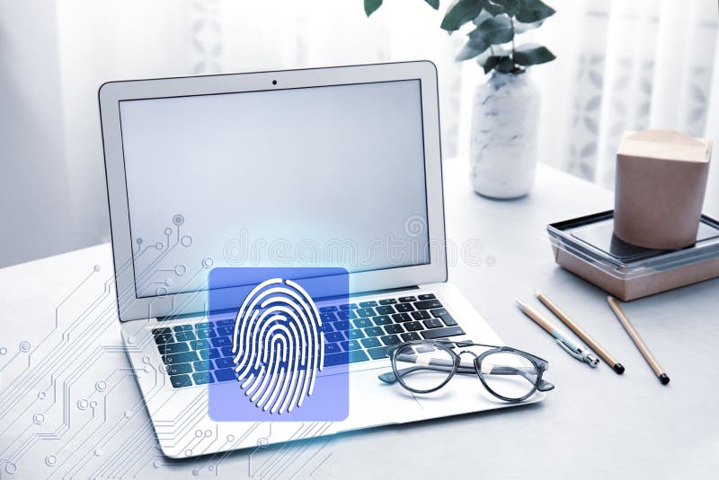 Fingerprint Identification. Modern Laptop on Table Stock Image - Image ...