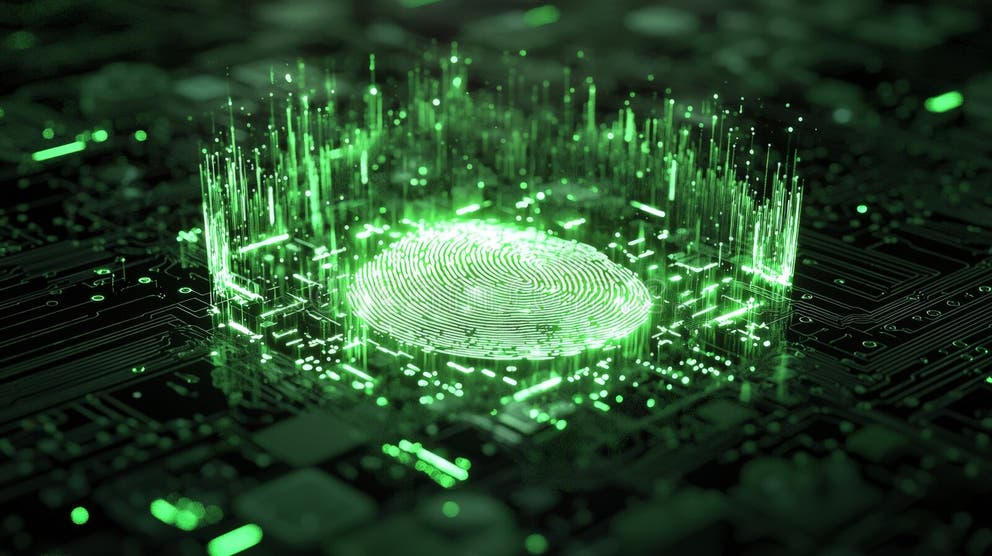 Fingerprint Imprint on a Computer Chip Showing Security and ...