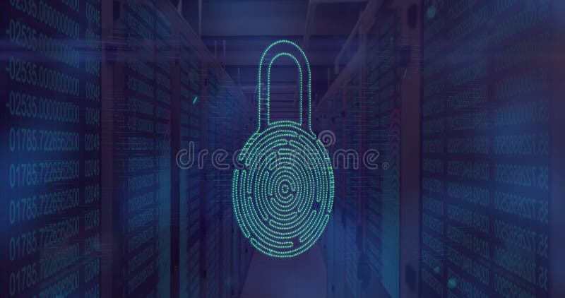 Fingerprint Lock Image Over Data Servers in Dimly Lit Room Stock Image ...