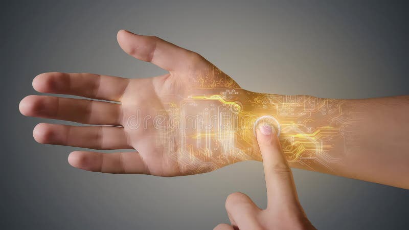 Printed Circuit Is Displayed With Built In Microchip In Hand Stock