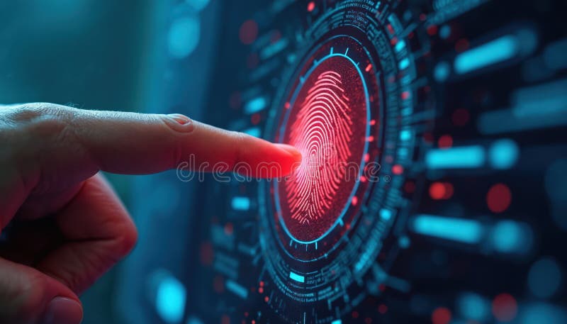 Fingerprint Scan Authentication Interface. Person Touches Screen for Digital Identity ...