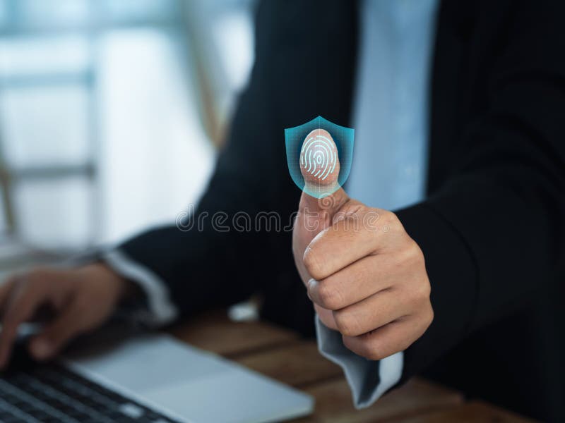 Fingerprint Scan with Digital Safety Shield Icon on Virtual Screen ... Fingerprint Scan with Digital Safety Shield Icon on Virtual Screen ...
