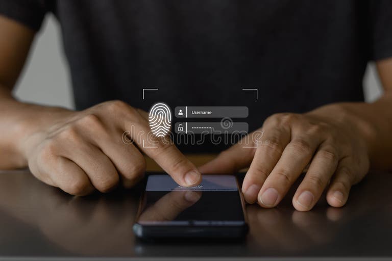 Fingerprint Scan for Secure Access To Protected Data Network with Biometrics. Person Using ...
