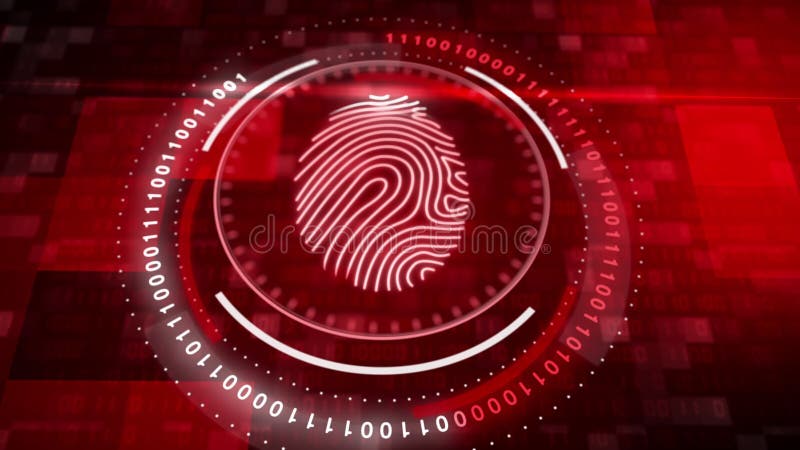 Fingerprint Scanner On Red Background With Binary Code And Blinking Pixels Hud Rotating