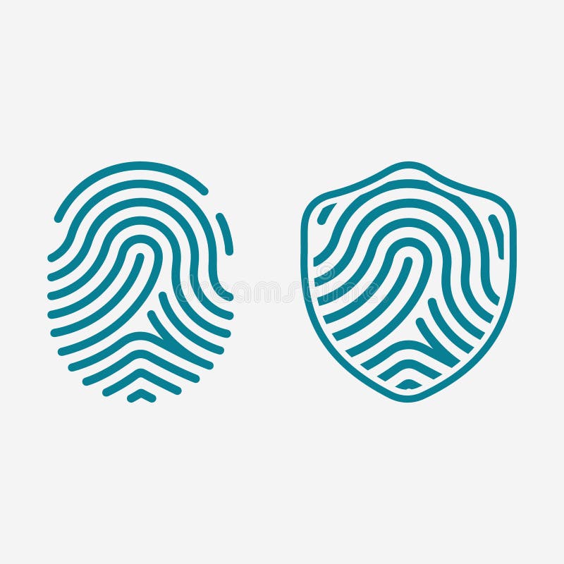 Fingerprint Security and Protection Icon Set, Fingerprint Patterns, and Shield Shaped ...