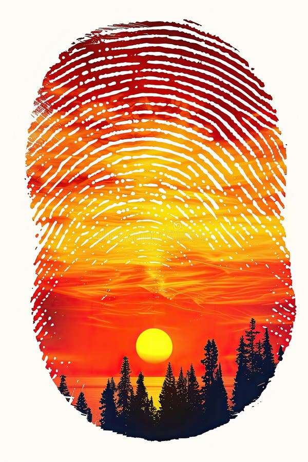 Fingerprint Sunset with Forest Silhouette within the Print. Stock ...