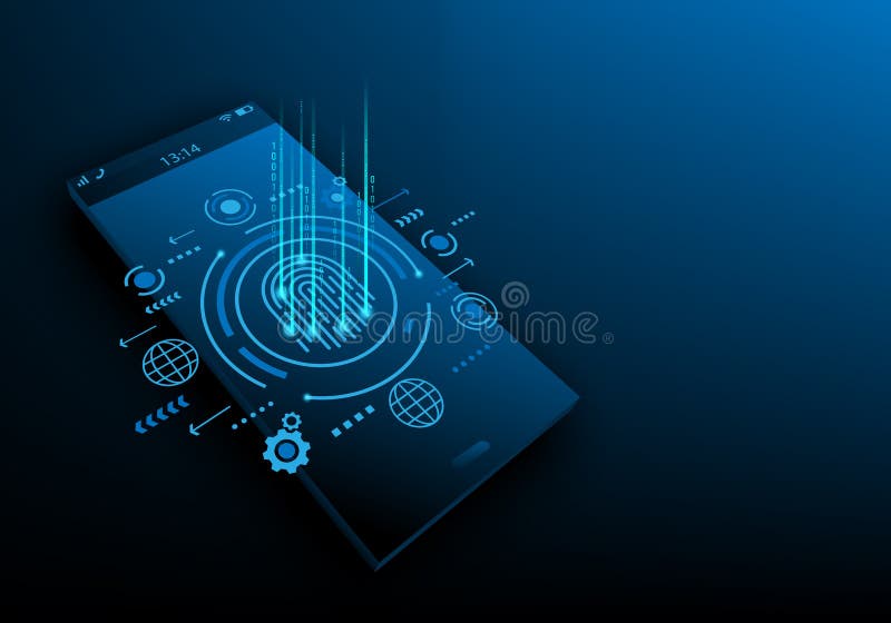 Fingerprint Technology with Phone on Blue Dark Background. Mobile ...