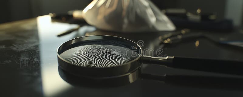 Fingerprint Under Magnifying Glass with Forensic Tools and Evidence ...