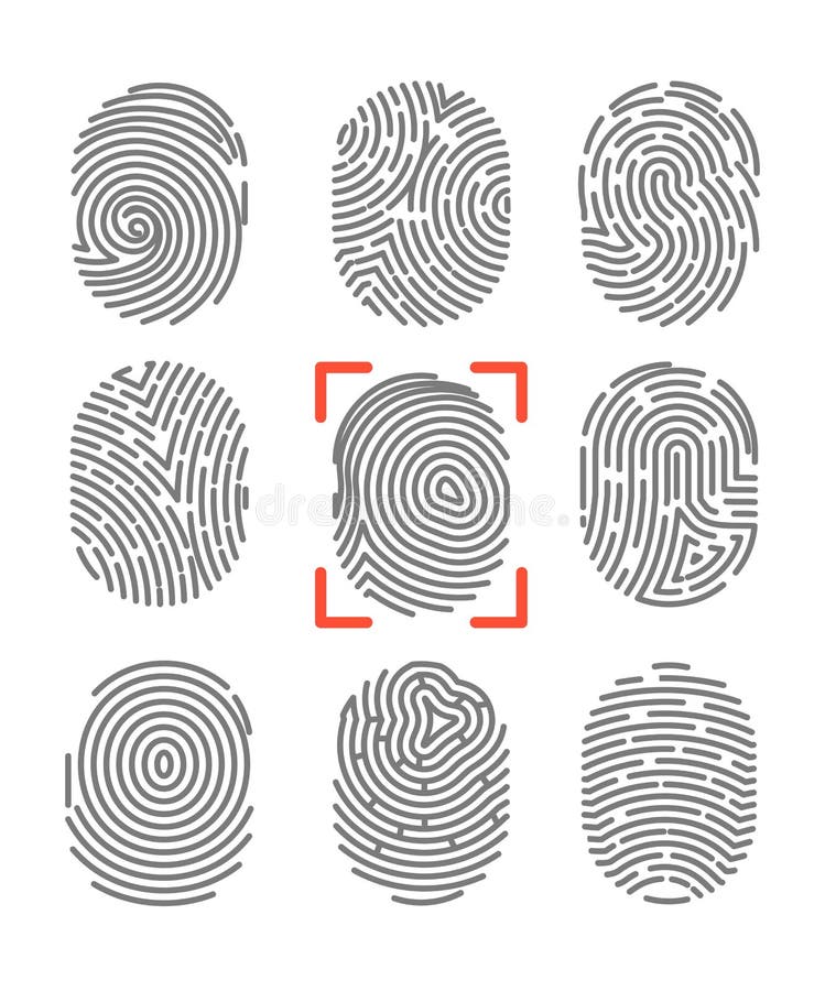 Fingerprints or Fingertip Print Identification Vector Icons Set Stock ...