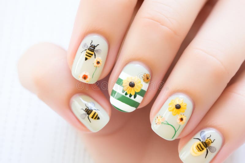 Fingers with Bee and Flower Nail Stickers Stock Image - Image of hand ...