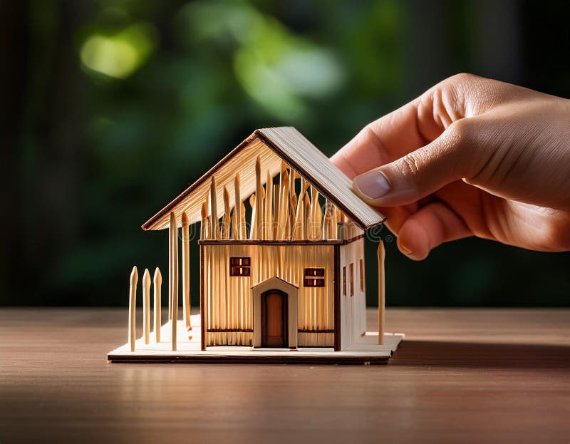 Fingers Constructing a Tiny Model House from Matchsticks, Showcasing ...