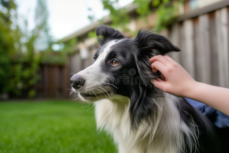 Fingers Gently Brushing a Border Collies Fur in a Backyard Stock Photo ...