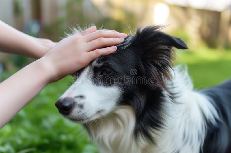 Fingers Gently Brushing a Border Collies Fur in a Backyard Stock Photo ...