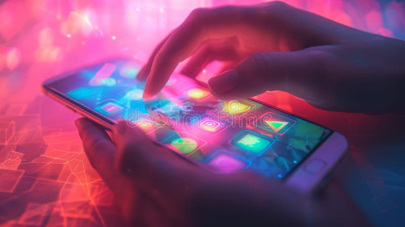 Fingers are Interacting with a Futuristic, Neon-lit, Touch-sensitive ...