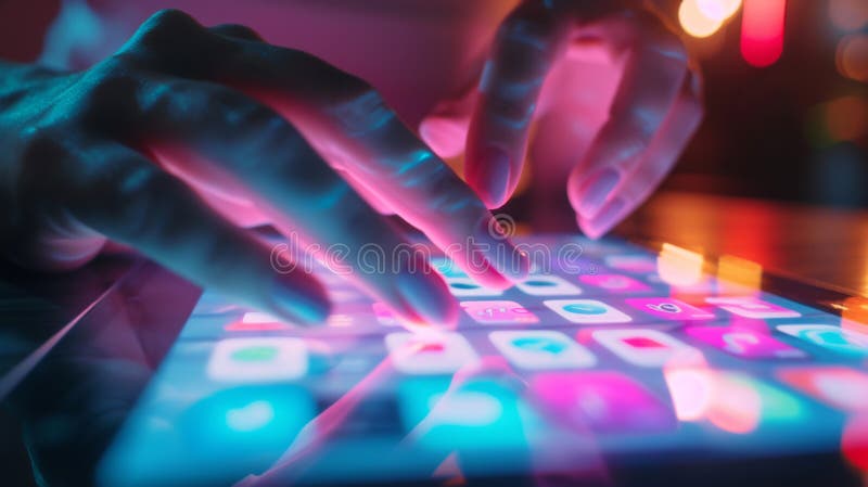 Fingers are Interacting with a Futuristic, Neon-lit, Touch-sensitive ...