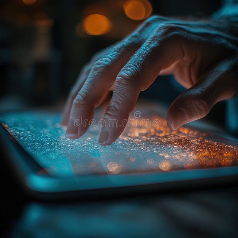Fingers Interacting with Glowing Tablet Screen in Low Light Stock Image ...