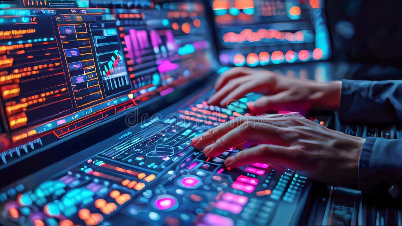 A Programmer Working on a Multi-screen Setup in a Cozy Workspace with Ambient Lighting ...