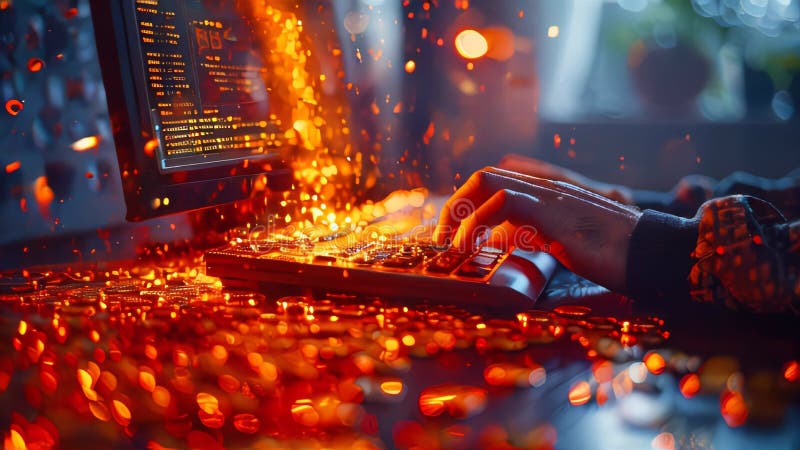 A Programmer Working on a Multi-screen Setup in a Cozy Workspace with Ambient Lighting ...