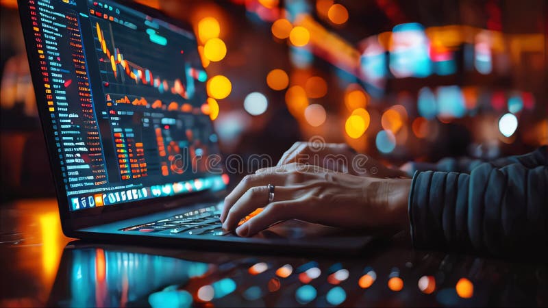 A Programmer Working on a Multi-screen Setup in a Cozy Workspace with Ambient Lighting ...