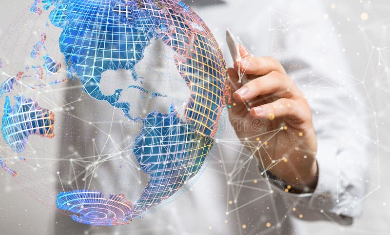 Fingers Taping on the Blue Globe - World Digital Network Concept Stock ...