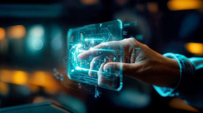 Fingers Touch the Virtual Screen of a Transparent Futuristic Cell Phone ...