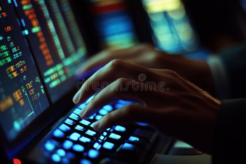 Fingers Typing on a Keyboard with Glowing Lights in the Background. a ...