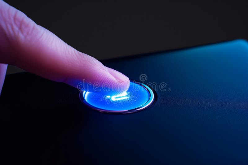 Fingertip Contacting a Glowing Blue Start Button on a Gadget Stock ...