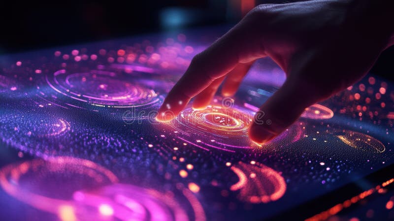 A Fingertip Hovering Above a Touchscreen Interface Filled with Animated ...